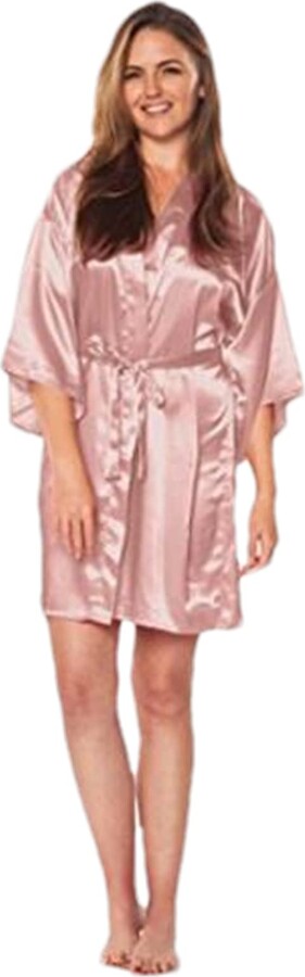 Pulcykp Women Silk Satin Short Night Robe Solid Kimono Bath Bathrobe ...