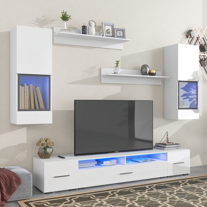 IGEMAN 7-Piece Extended Minimalist Floating TV Stand Set High Gloss RGB ...