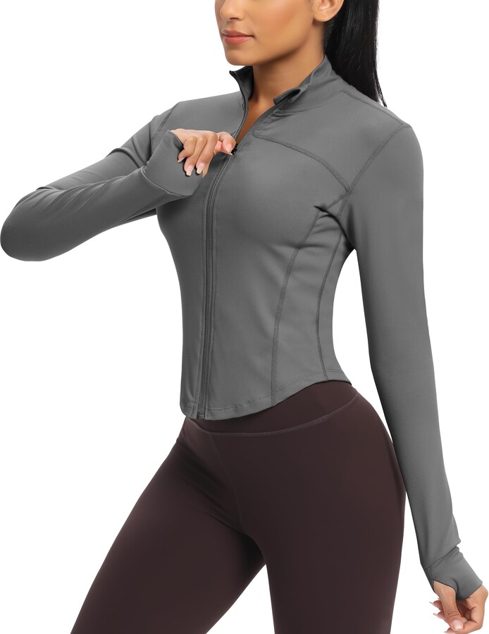 QUEENIEKE Women's Running Jacket Slim Fit Gym Tops Light Long Sleeve Zip Sports Jackets with ...