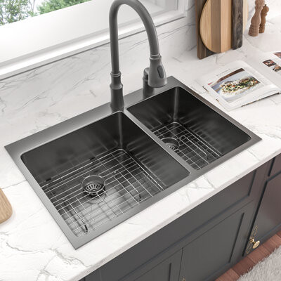 Sarlai 33" L x 22" W Drop-In Double Bowl Stainless Steel Kitchen Sink ...