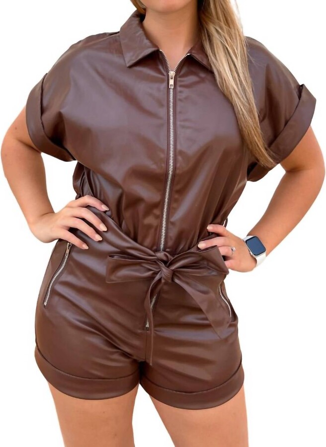 day + moon Lexa Faux Leather Romper With Tie In Brown - ShopStyle