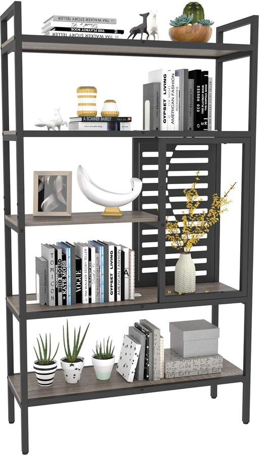 EPOWP 5-Tier Adjustable Industrial Bookshelf, Modern Wood Bookcase with ...