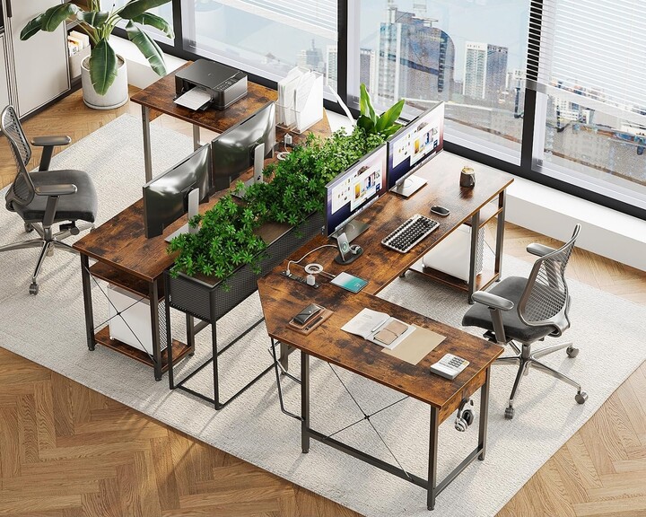 DECO L Shaped Computer Desk 66" with Power Outlet & Shelves, Corner ...