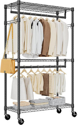 Rebrilliant Heavy Duty Rolling Garment Rack 3 Tiers Adjustable Wire ...