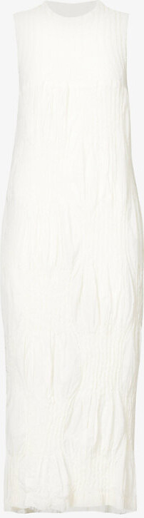 Issey Miyake Womens White Wrinkled Block Pleated Slim-fit Knitted Midi ...