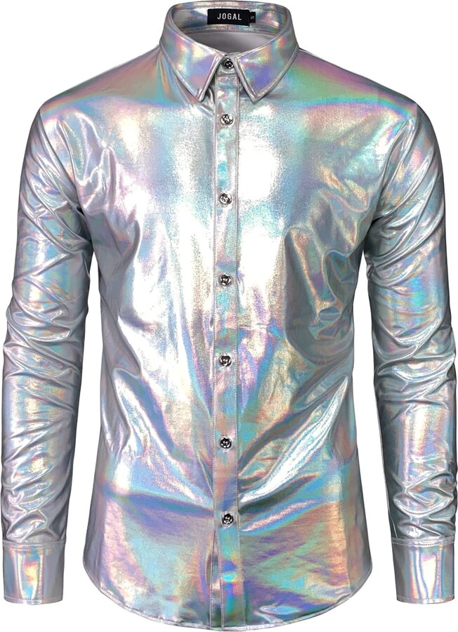 JOGAL Mens Metallic Shiny Nightclub Styles Long Sleeves Button Down ...
