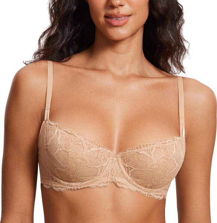 DOBREVA Women's Balconette Bra Floral Sheer Lace Unlined Underwire Push Up Warm Beige 32D ...