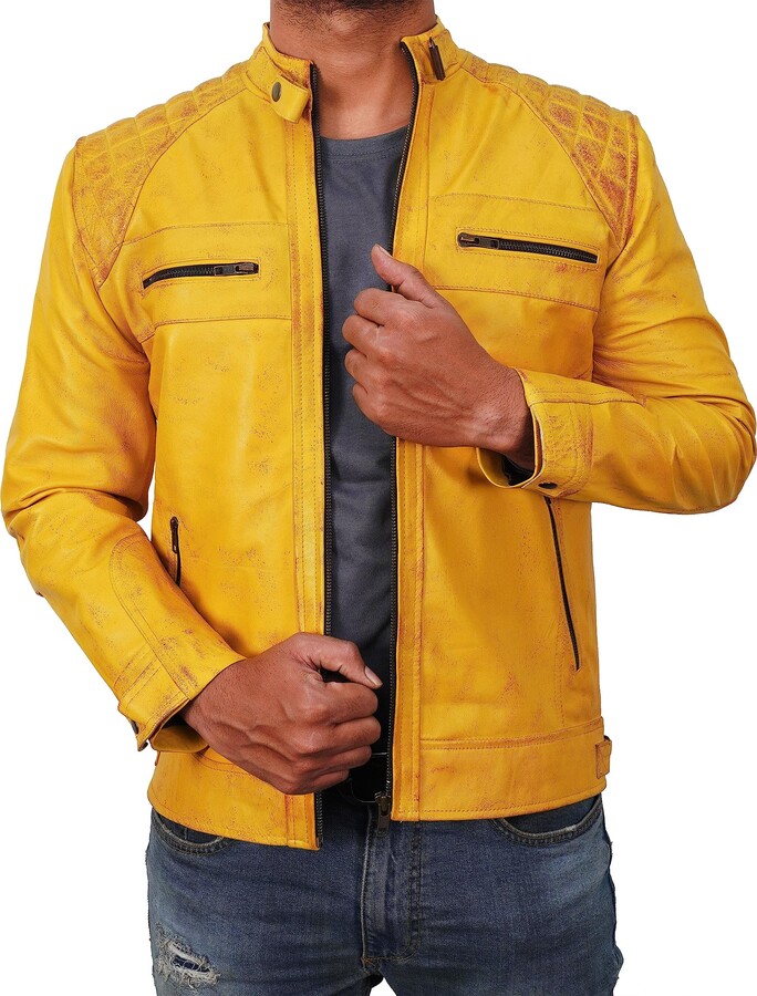 LP-FACON yellow leather jacket mens - cafe racer leather jacket ...