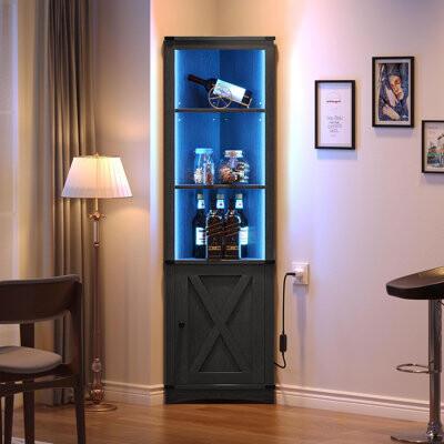 Ivy Bronx Corner Storage Cabinet With LED Light, Farmhouse Tall Corner ...
