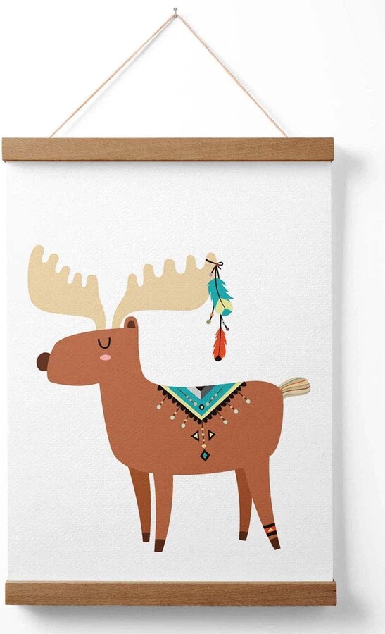 ARTZE Reindeer Tribal Animal Poster with Oak Hanger - Brown - W33cm x ...