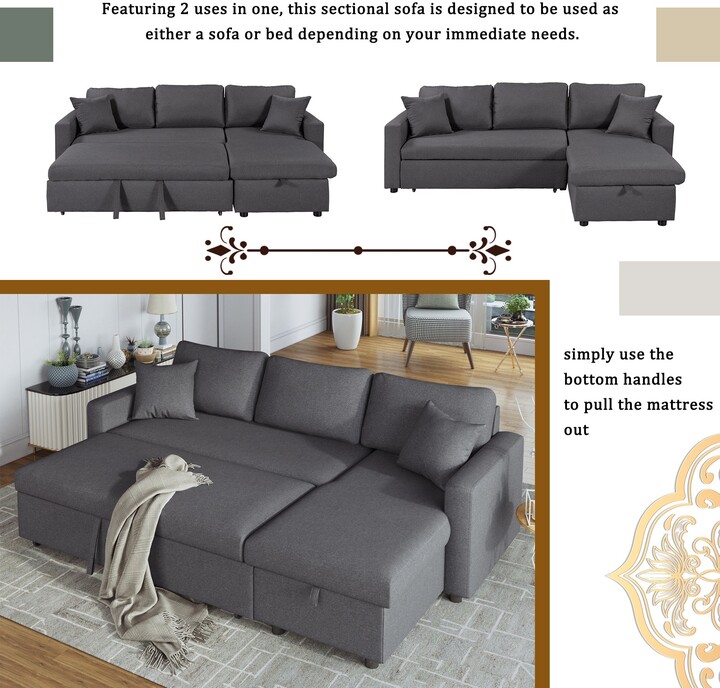 GREATPLANINC Grey Upholstery Sleeper Sectional Sofa Set Convertible ...