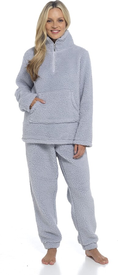 Slumber Hut® Grey Borg Zipped Womens Snuggle Fleece Twosie Pyjamas Cosy ...