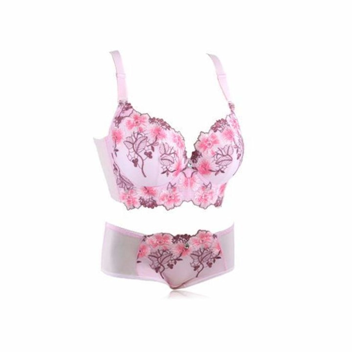 LIFEILONG Embroidery of Milk Adjustment Type Sexy Rims Bra Set Pink 85A ...