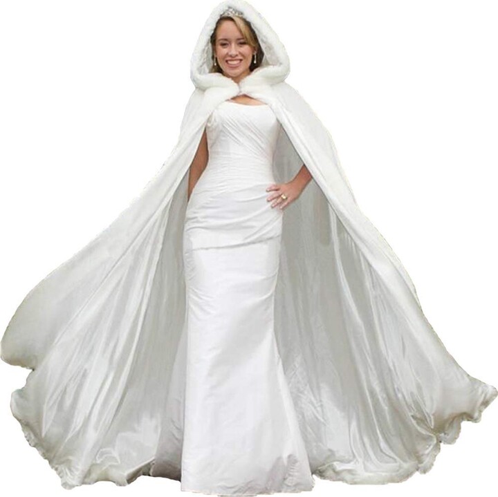 vipgowns White Long Wedding Cape Hood Cloak Bride Winter Coat Faux Fur ...
