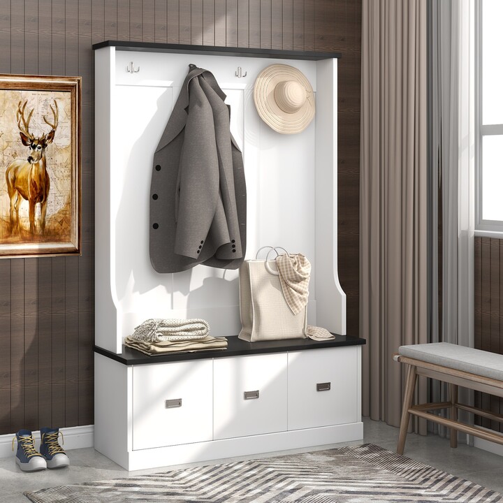 Calnod Two-tone Hall Tree with 4 Hooks and 3 Large Drawers, Coat Hanger ...