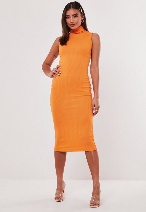 Missguided Jordan Lipscombe X Orange High Neck Rib Midaxi Dress - ShopStyle