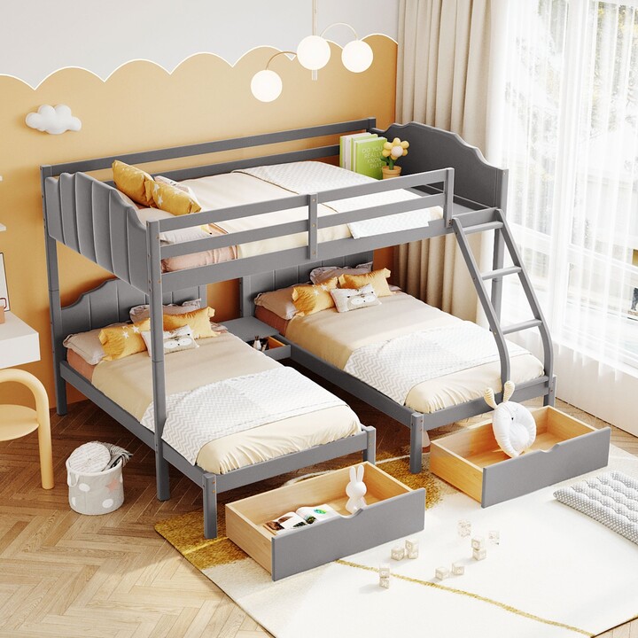 GREATPLANINC Velvet Triple Bunk Bed, Full Over Twin & Twin Wood ...