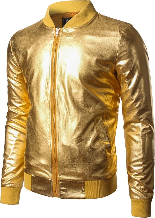JOGAL Mens Metallic Nightclub Styles Zip Up Varsity Baseball Bomber ...