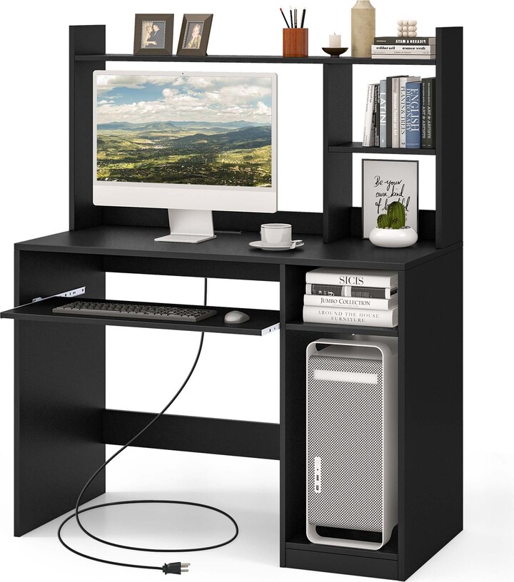 Costway Computer Desk Study Bookcase Workstation with Charging Station ...