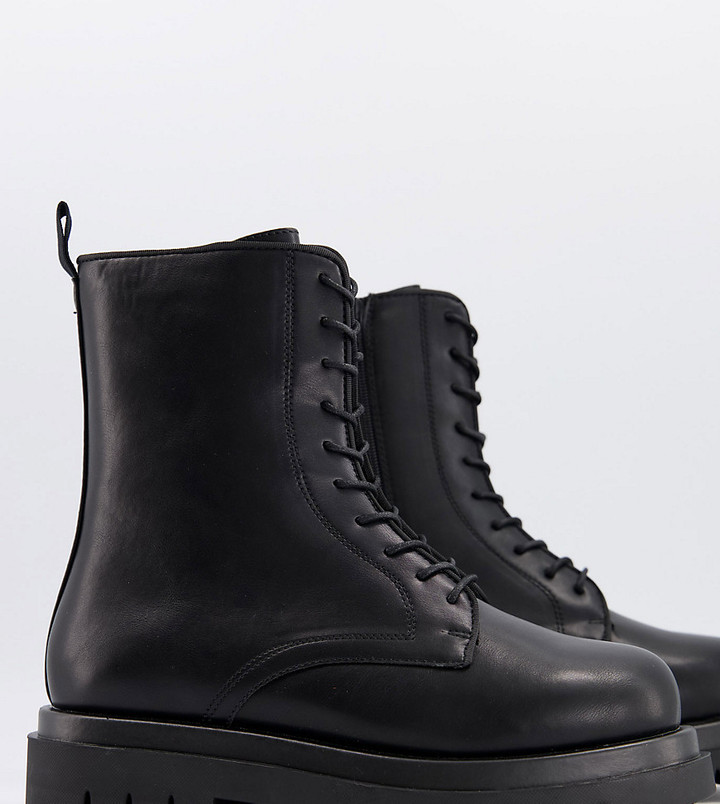 Truffle Collection wide fit lace up chunky military boots in black ...