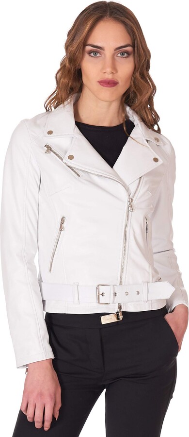 D'Arienzo - White Women's Genuine Italian Leather Biker Belted Jacket ...