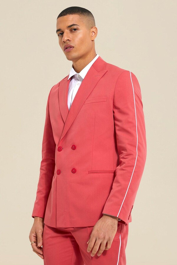 boohoo Mens Red Double Breasted Slim Piping Suit Jacket - ShopStyle