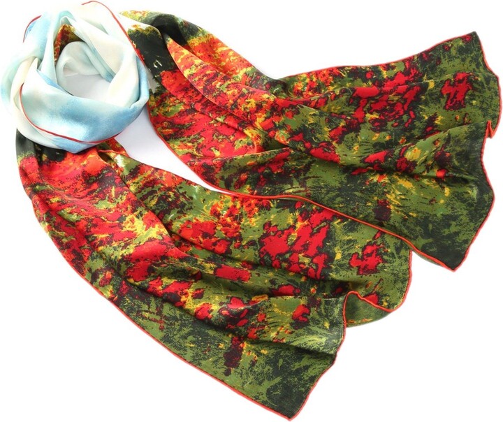Prettystern Women green red long Art Painting Impressionism Silk scarf ...
