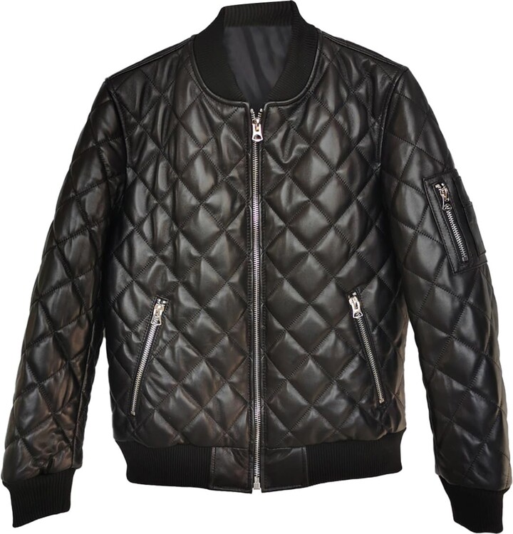 Generic Men’s Black Biker Bomber Genuine Smooth Sheepskin Diamond ...
