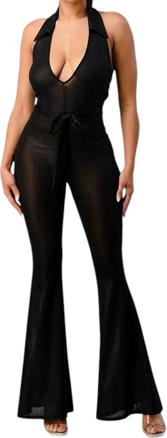 Aced It Lurex Rib Deep V-Line Disco Jumpsuit In Black - ShopStyle
