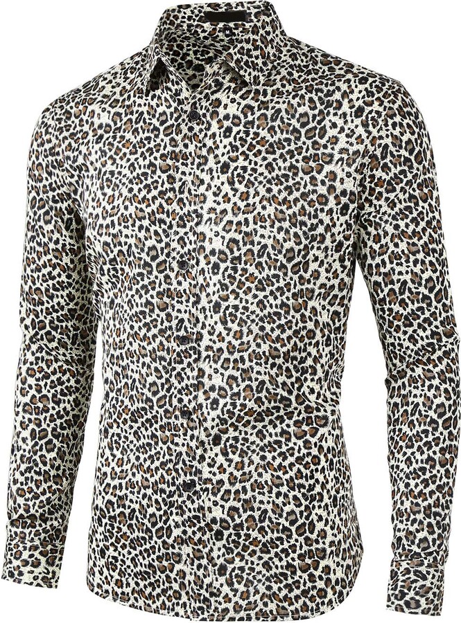 Lars Amadeus Men's Vintage Leopard Print Button Down Long Sleeve Cotton ...