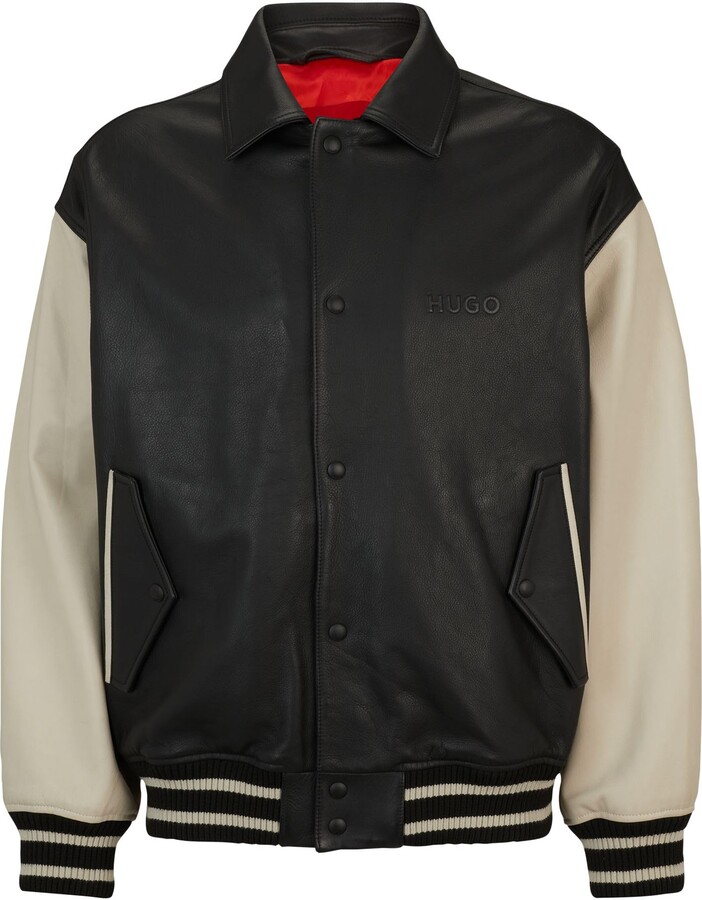 HUGO BOSS Mens Lugos Embossed-logo varsity jacket in leather - ShopStyle