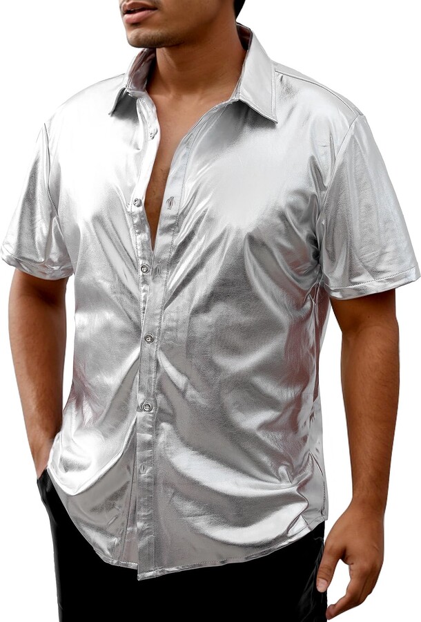 COSAVOROCK Silver Shirt Men 70s Fancy Dress Disco Shiny Shirts M ...