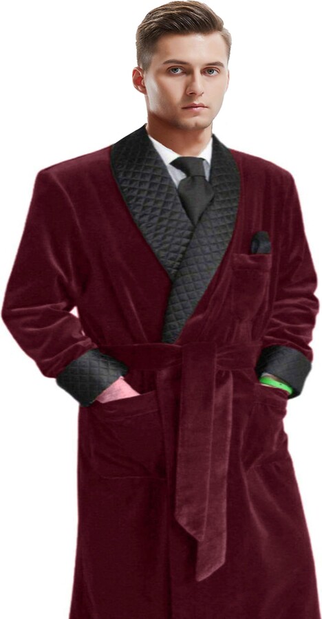 Apornipal Men's Long Velvet Smoking Jacket with Belt Shawl Lapel ...