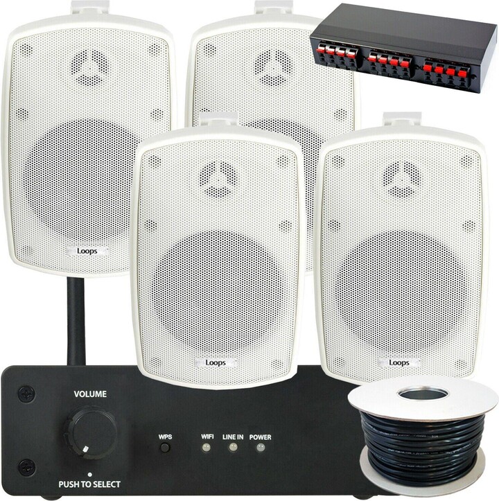 Loops Outdoor WiFi Speaker Kit 4x 60W White IP44 Stereo Amplifier ...
