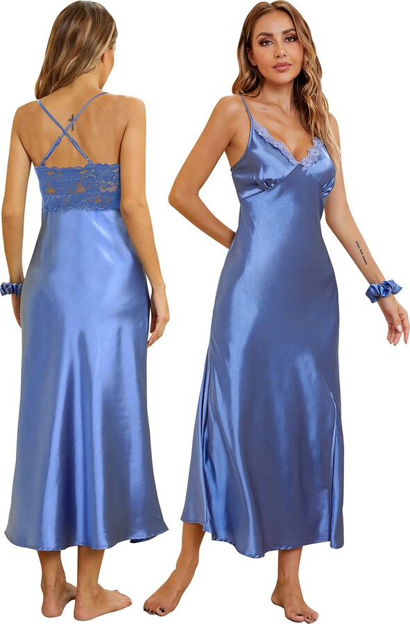 Alcea Rosea Women Satin Silk Nightdress Sexy Lace Nightgowns V Neck ...