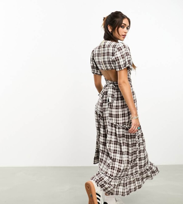 Reclaimed Vintage textured plaid shirring midi dress in brown - ShopStyle