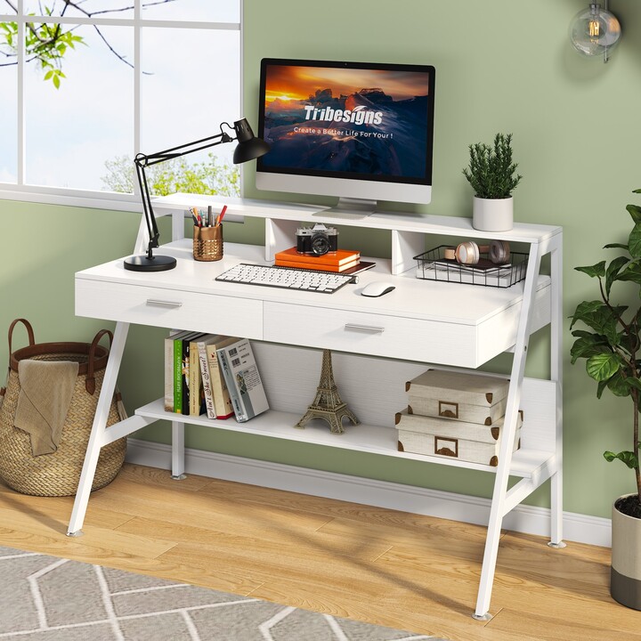 Farfarview Computer Desk with Drawers &Monitor Stand Riser , Modern 47 ...