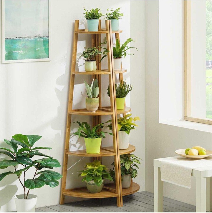 Living and Home 5 tier Abilene Triangular Corner Walnut Plant Stand ...