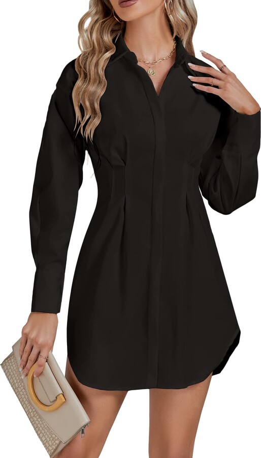 LYANER Women's Collar Buttons Down Pleated Long Sleeve Flared Mini ...