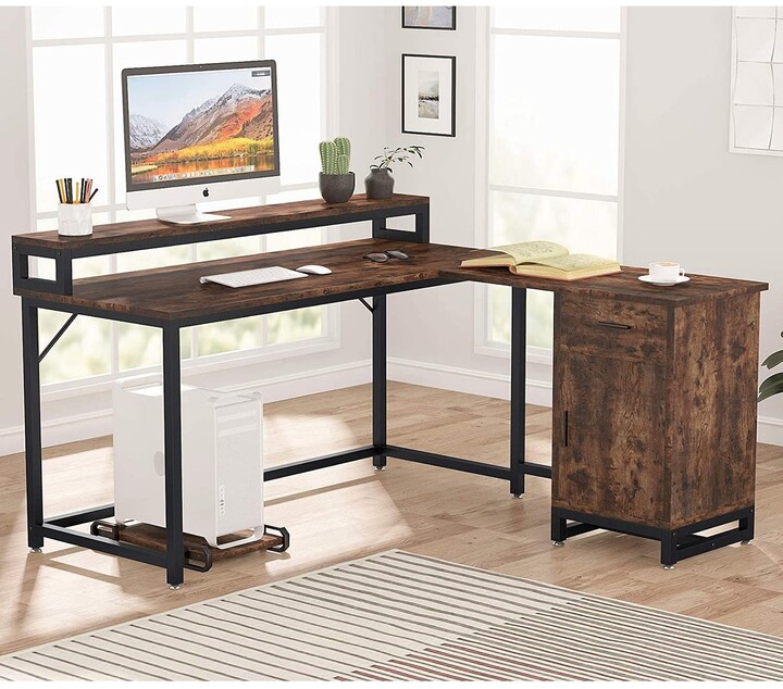 Tribesigns Rustic L Shaped Computer Desk with Drawer and Storage ...