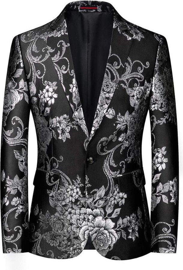 JUANFAQI Men's Floral Printed Embroidery Casual Jacket Wedding Suit ...