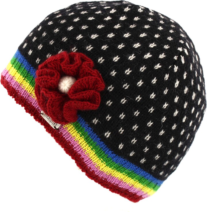 Kusan 100% Wool Crochet Beanie hat with Detachable Flower (Black Spots ...
