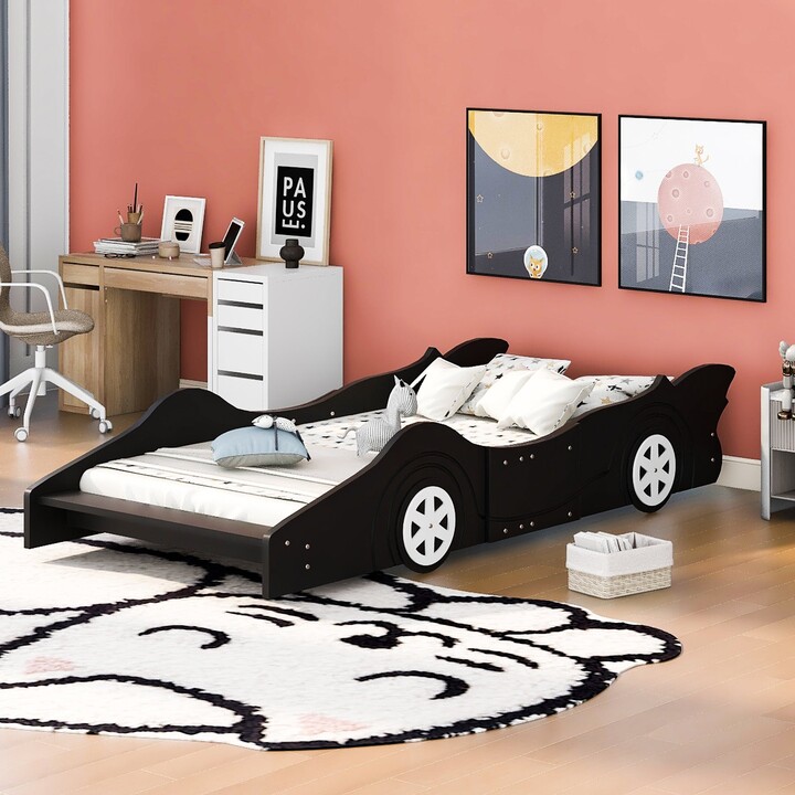 GEROJO Black Race Car Twin Size Platform Bed with Safety Rails, High ...