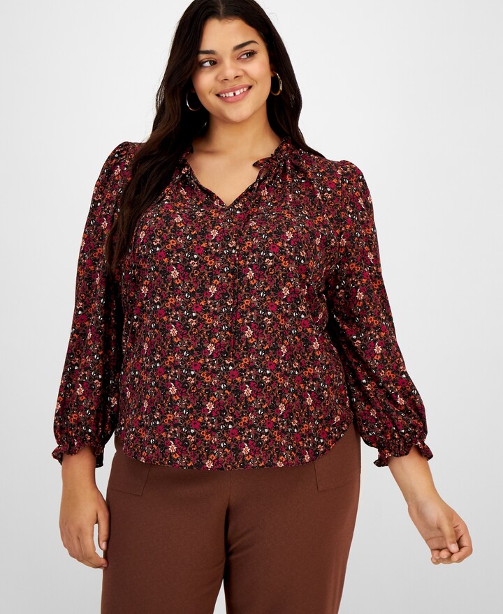 Bar III Plus Size Floral-Print Ruffle-Neck Blouse, Created for Macy's ...
