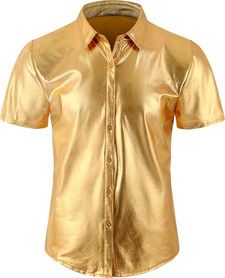 COSAVOROCK Mens 70s Disco Gold Shirt Metallic Fancy Dress Outfit Ugly ...