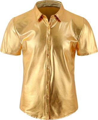COSAVOROCK Mens 70s Disco Gold Shirt Metallic Fancy Dress Outfit Ugly ...