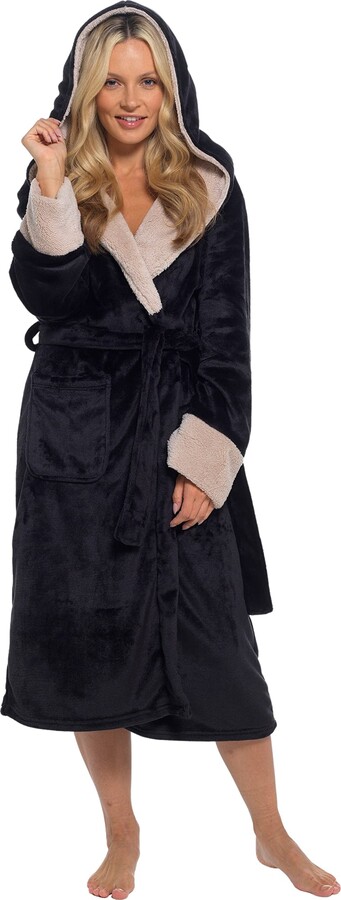 Slumber Hut® Ladies Hooded Fleece Dressing Gown | Luxury Black Animal ...