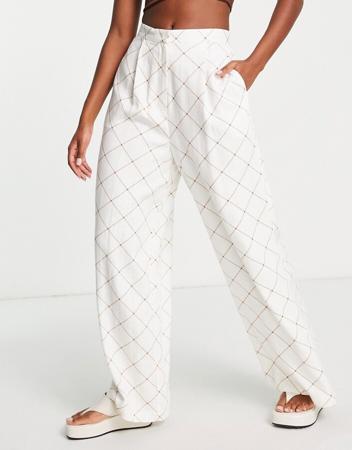 ASOS DESIGN Hourglass linen grid check wide leg relaxed flare pants in cream - ShopStyle