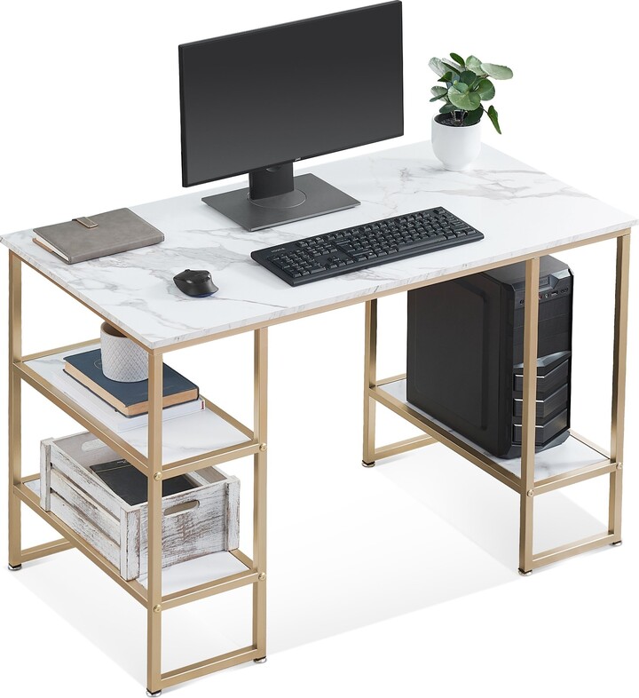 MCombo Computer Gaming Desk Office Desk with 3-Tier Shelves, White Desk ...
