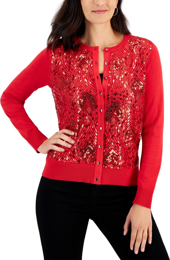 JM Collection Petite Feather Sequin Party Cardigan, Created for Macy's ...